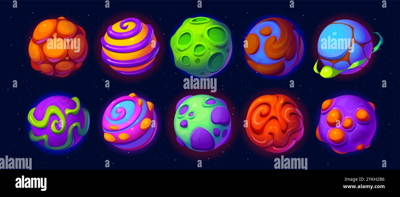 Cartoon fantasy alien space planets, galaxy game asset. Vector set of ...