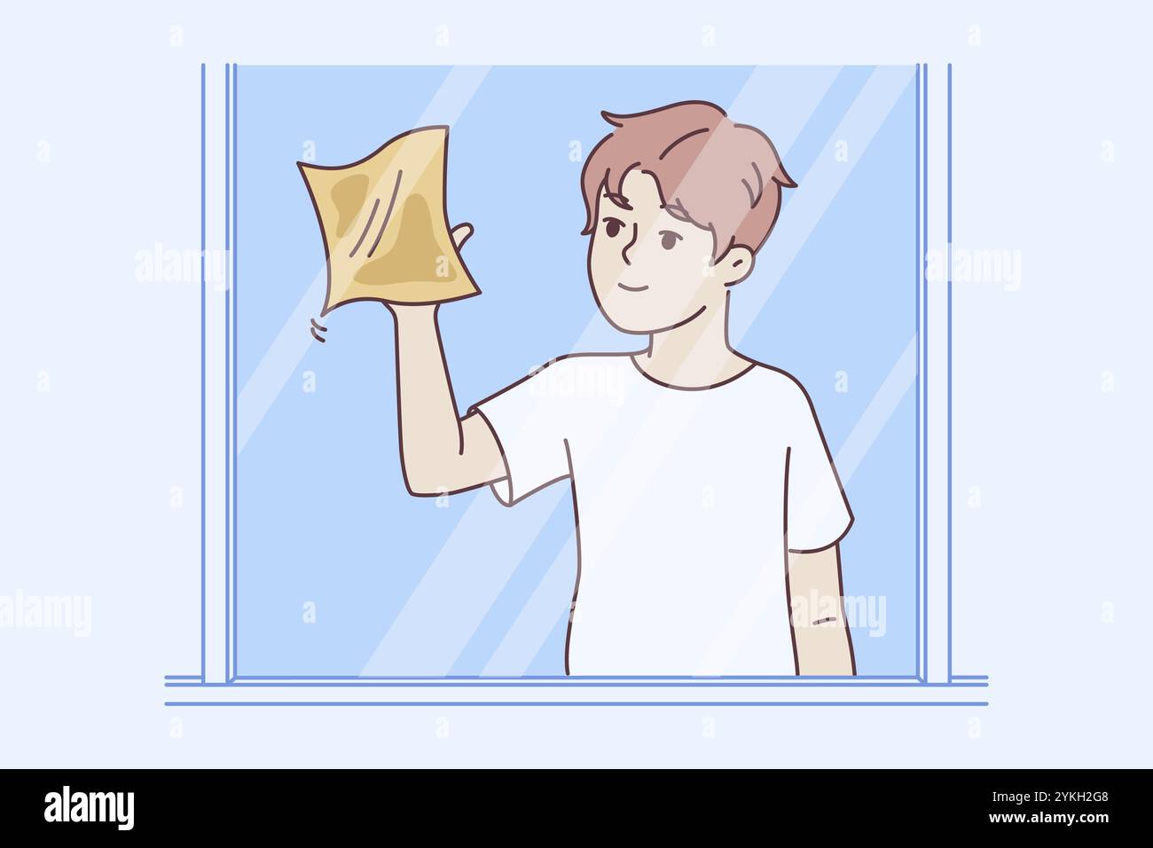 Neat boy is doing cleaning and wipes mirror or window from stains to ...