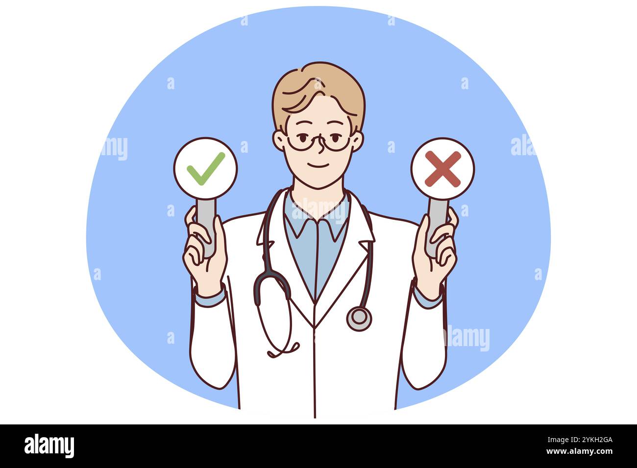 Man doctor with stethosop around neck demonstrates signs with check ...