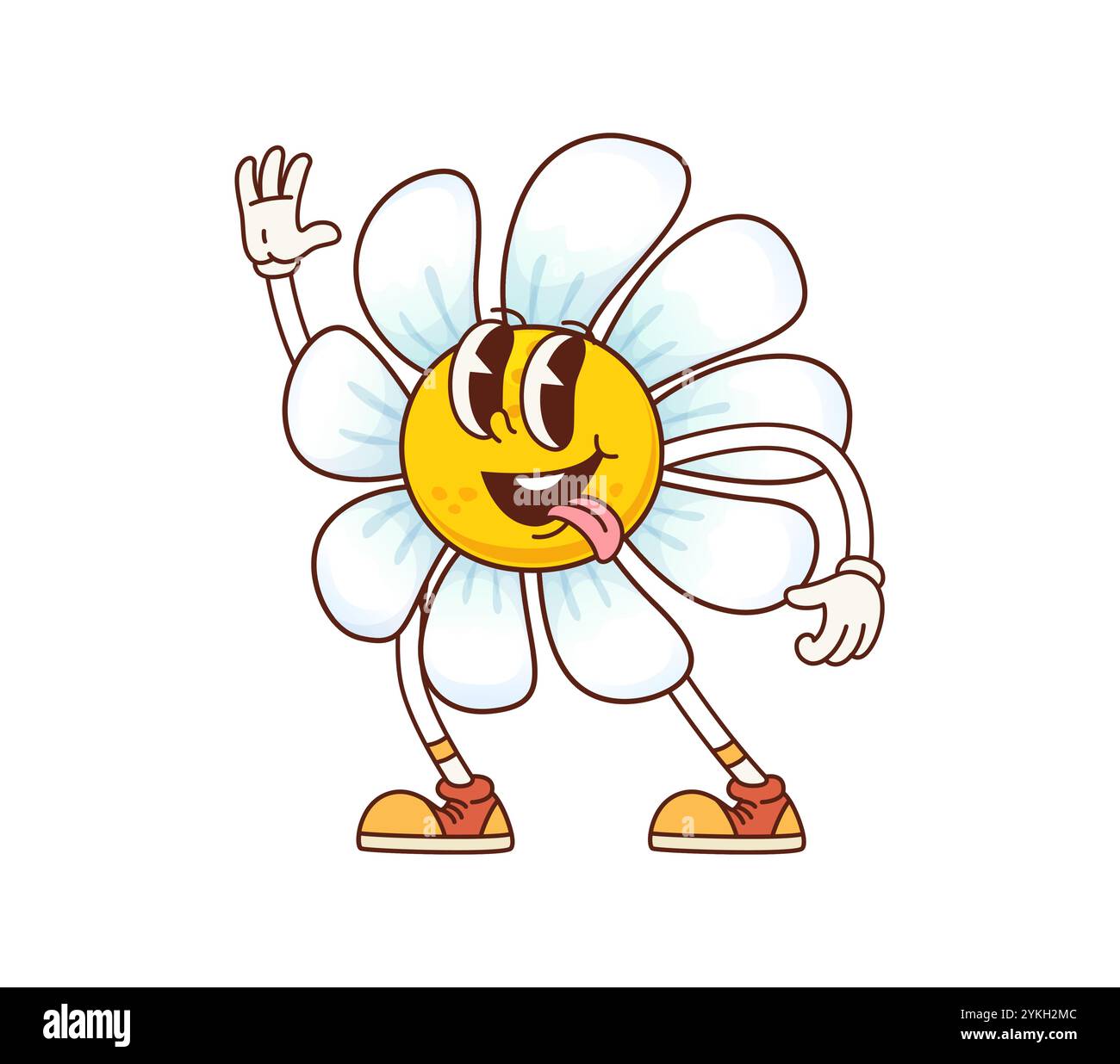 Groovy daisy chamomile flower character with sticking tongue and laid ...