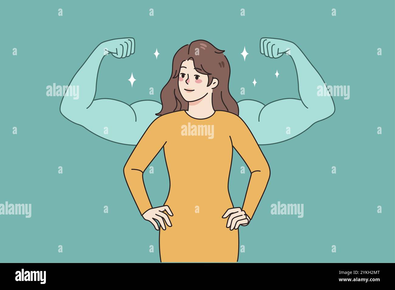 Confident young woman in dress with muscular arms behind her ...