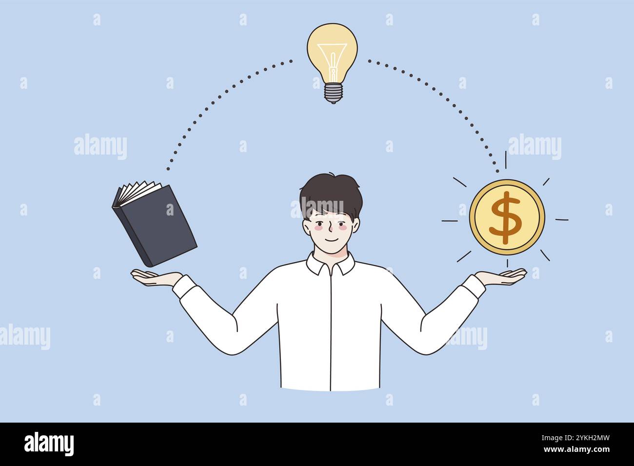 From knowledge to making money concept. Young man worker standing ...