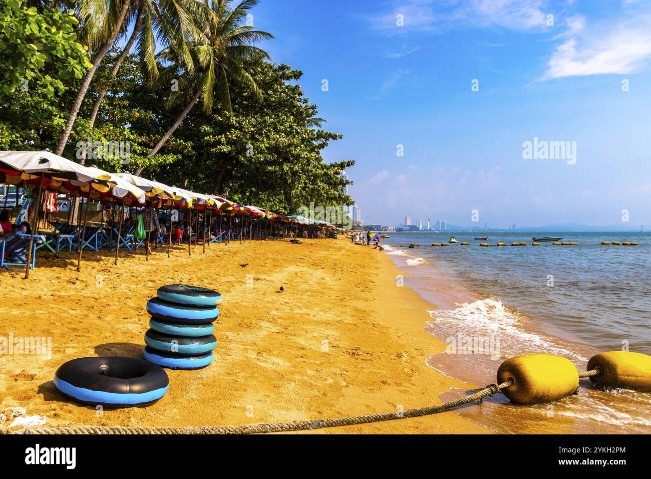Inflatable floating tires on the beach in Pattaya Bang Lamung Amphoe Chon Buri Thailand in ...