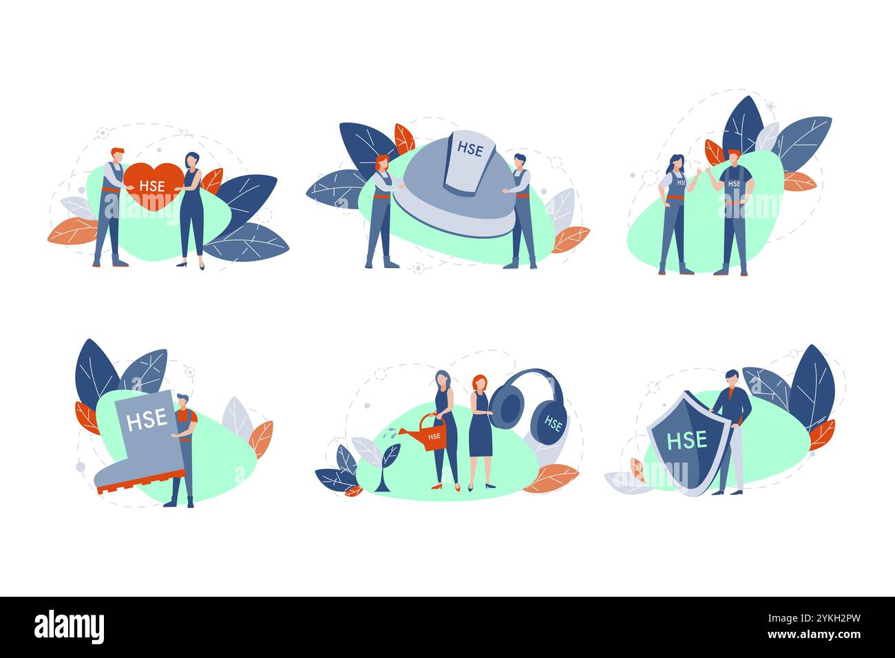 Health, safety, environment set concept. Young men women demonstrate ...