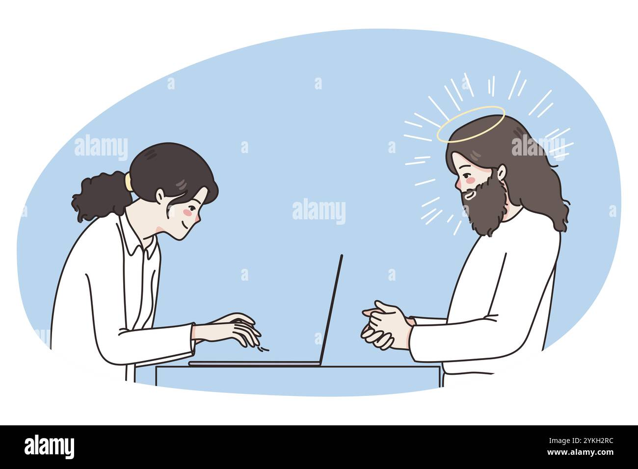 Businesswoman work on computer, Jesus Christ sit in front waiting for ...