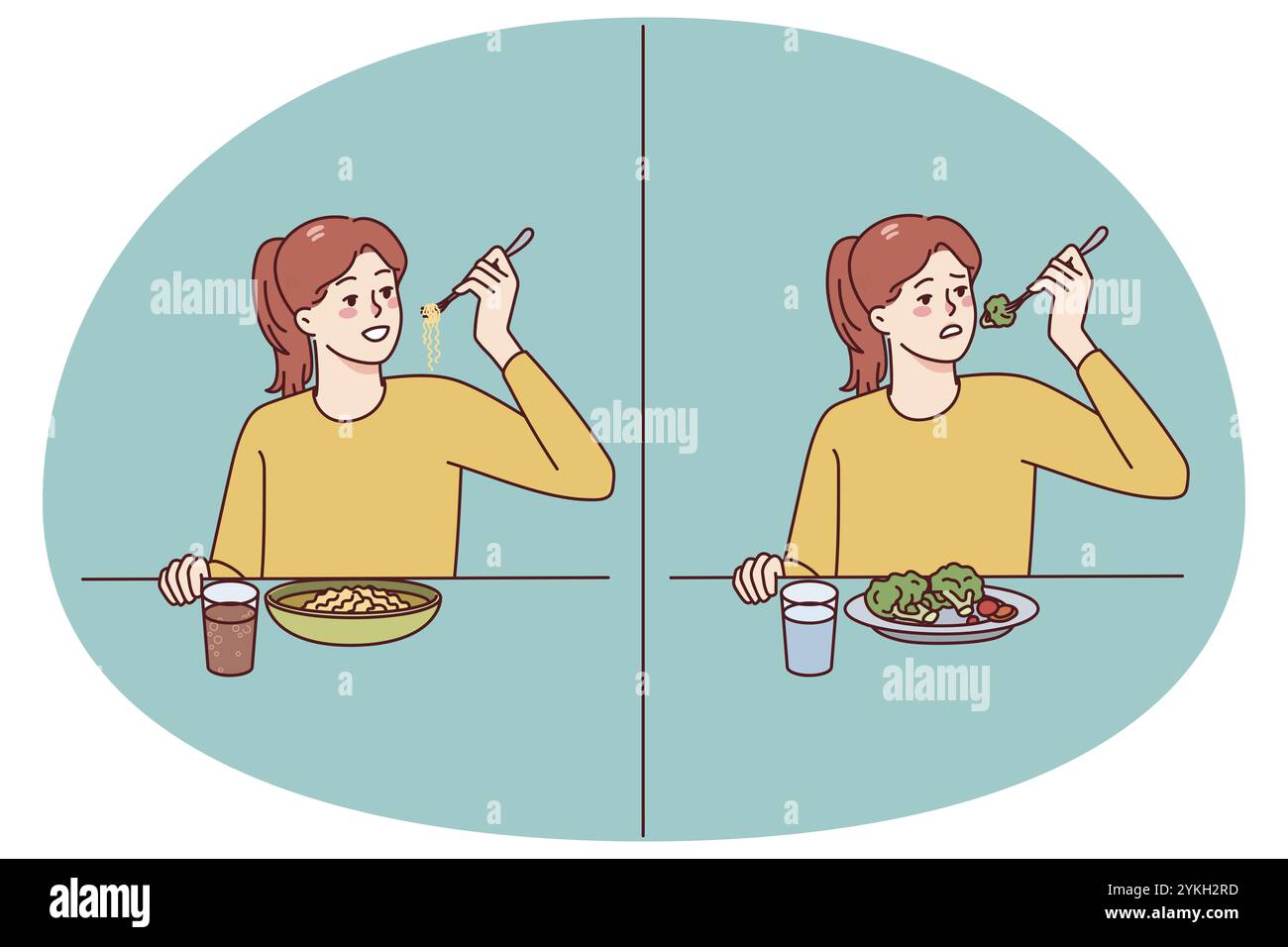 Girl eating healthy and unhealthy food. Child emotions with nutritional ...