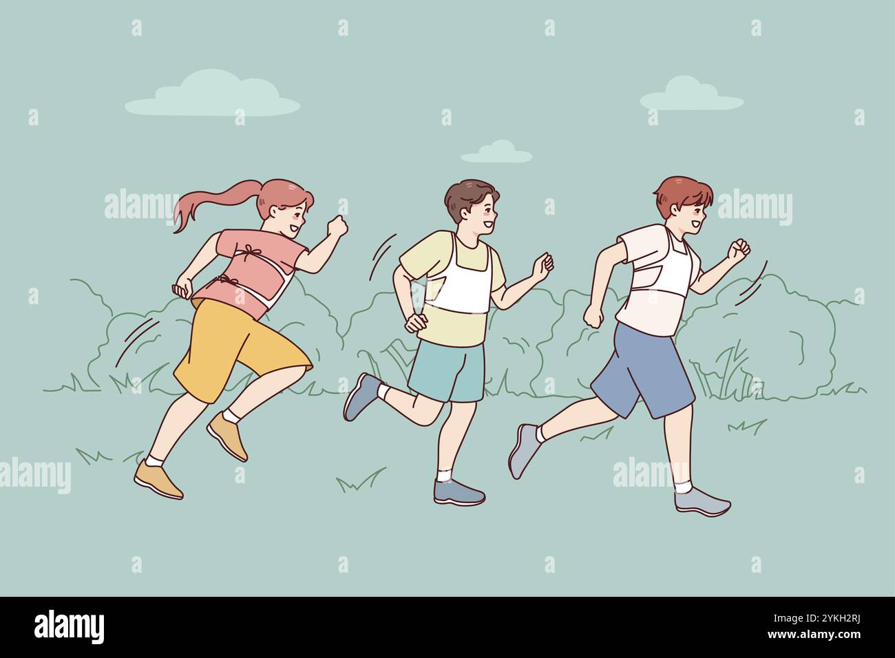 Happy children running outdoors on marathon. Smiling kids jog ...