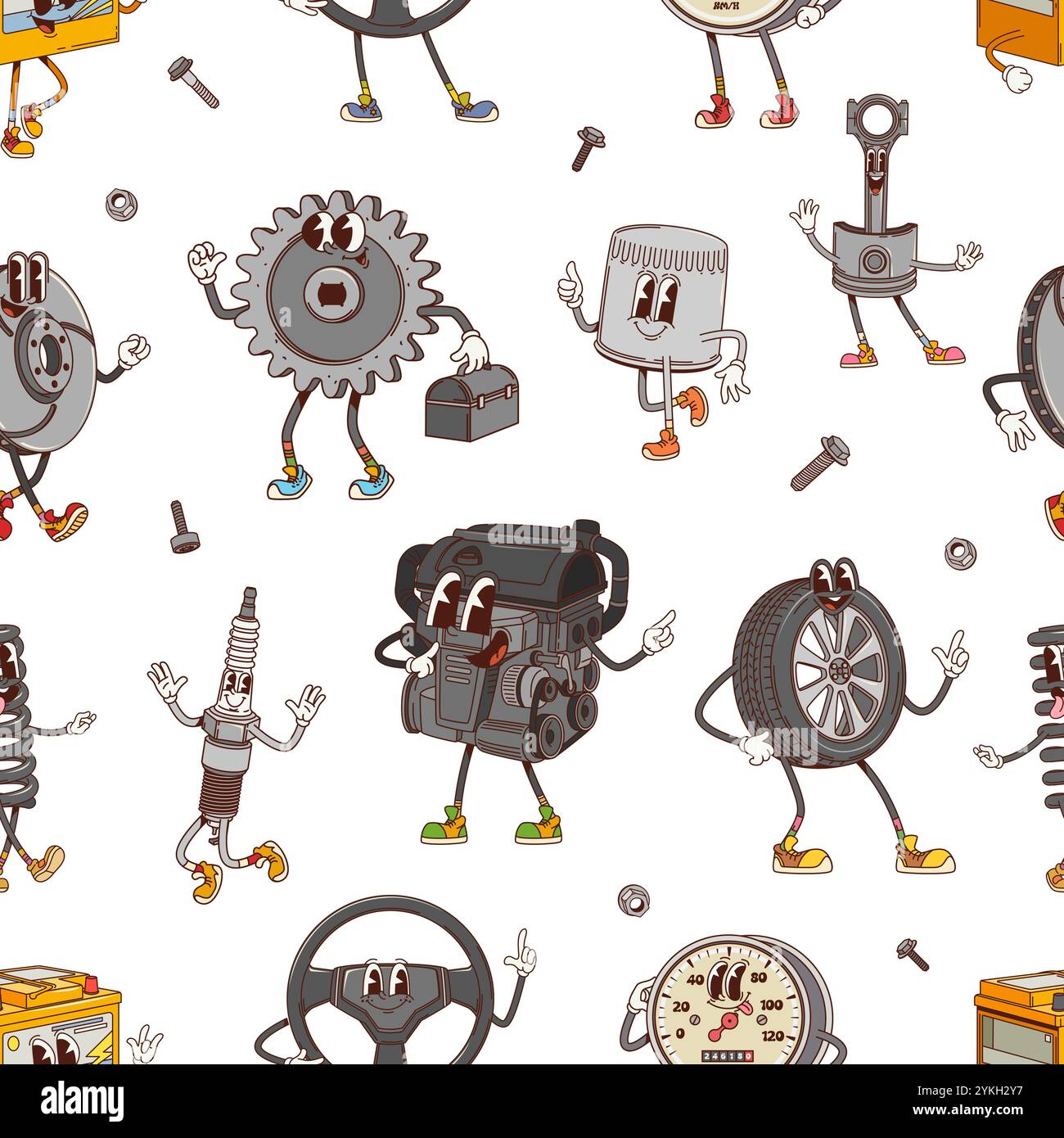 Groovy car spare parts and tools characters seamless pattern, vector ...