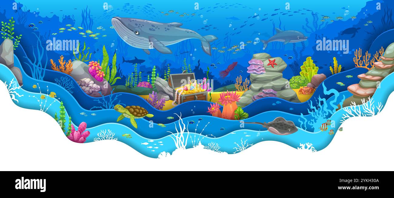 Paper cut underwater landscape with treasure chest and whale. Cartoon ...