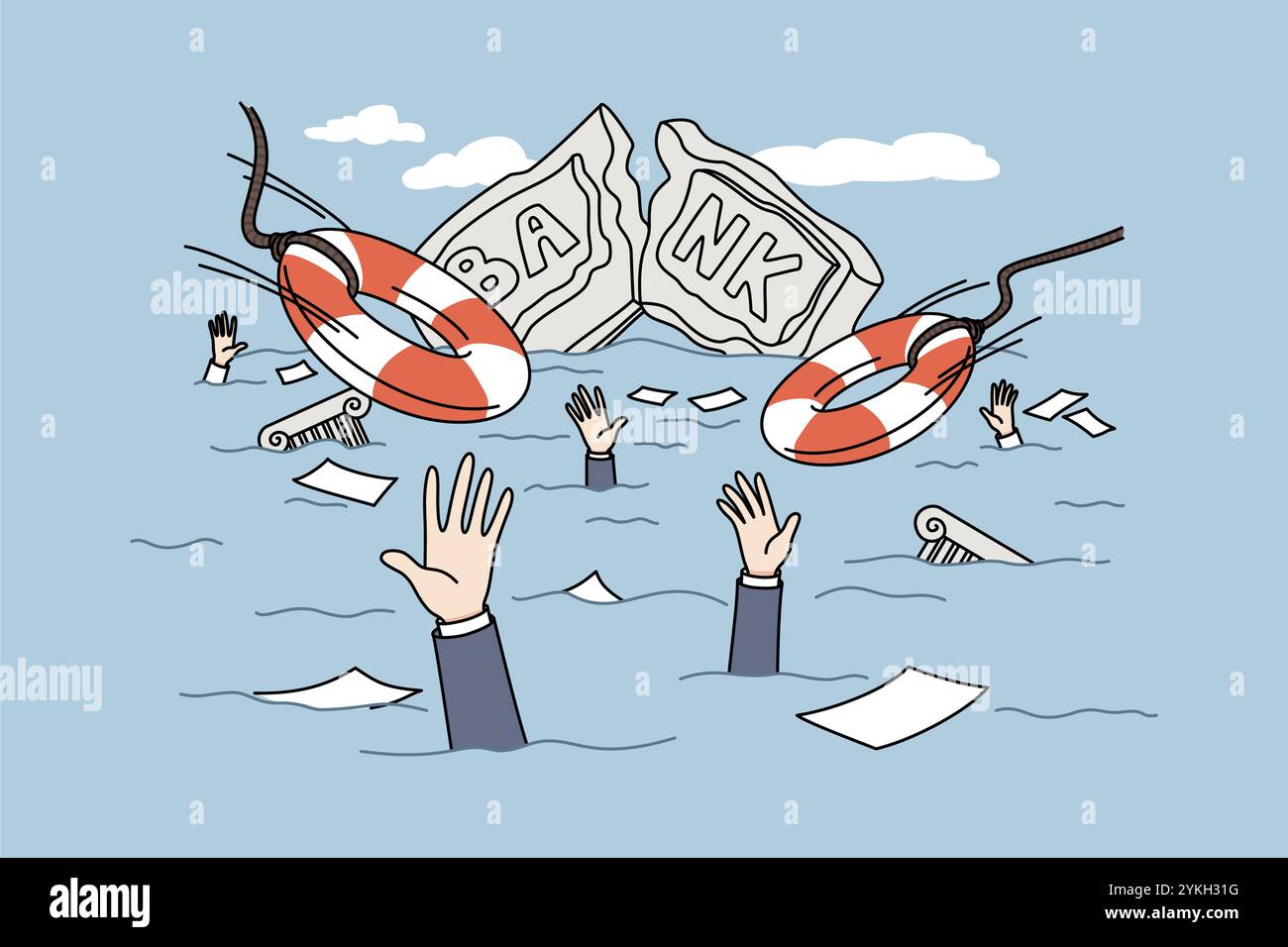 Bank building and employees drowning in water after financial crisis ...