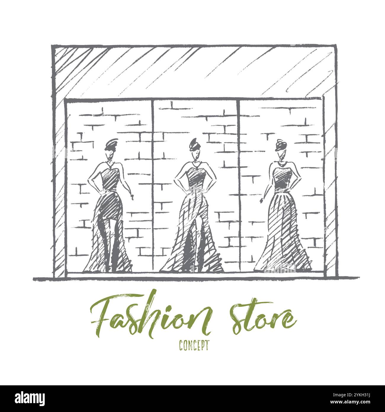 Vector hand drawn Fashion store concept sketch. Stylish female mannequins in gorgeous evening ...