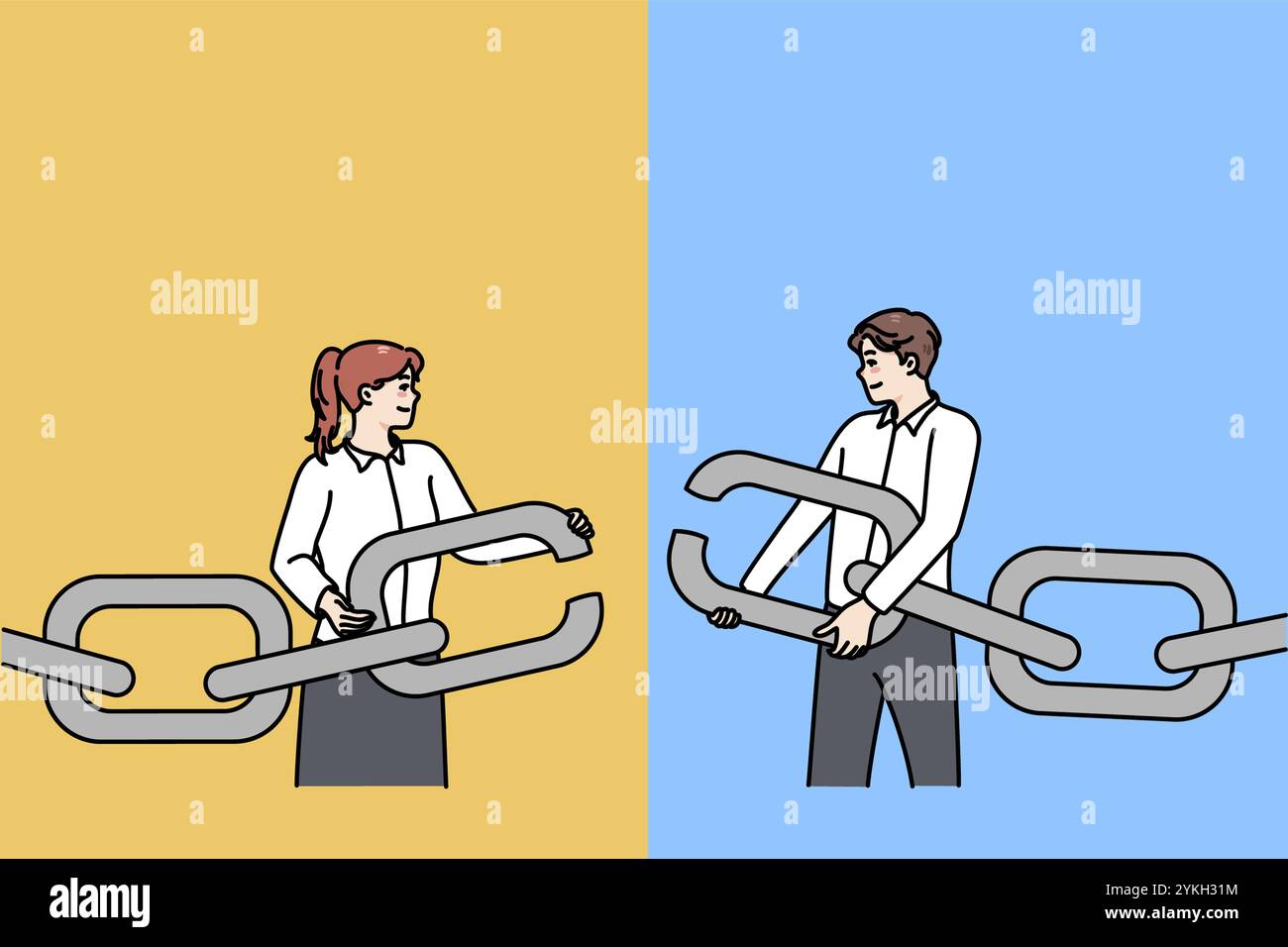 Businesspeople hold chain with missing link find solution together. Man ...