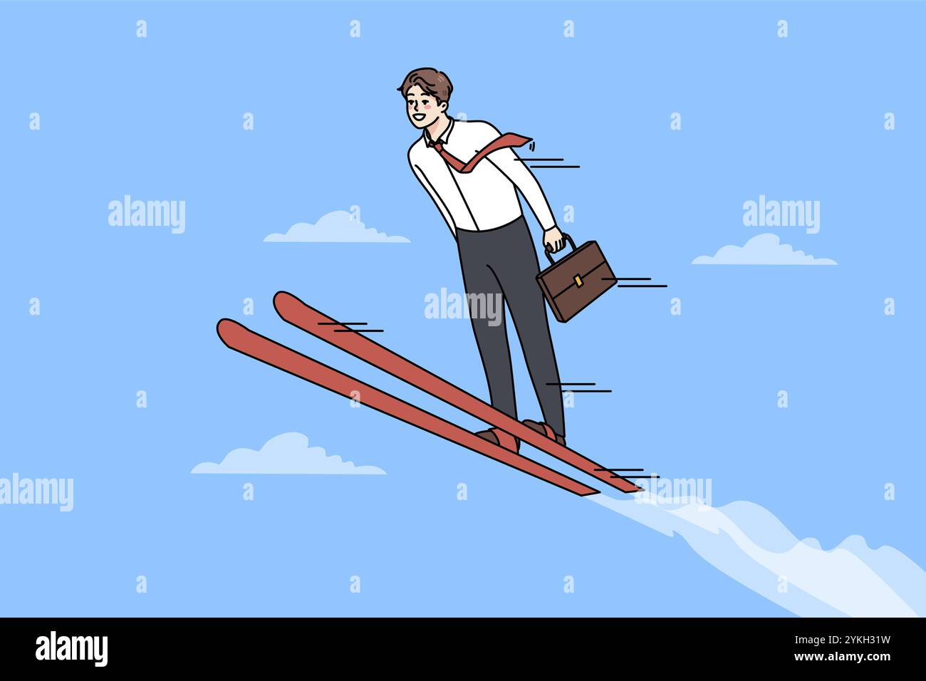 Businessman on ski jump high achieve work success or goals. Smiling man ...