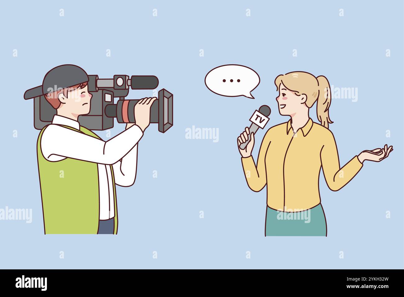 Cameraman shooting woman journalist doing reportage. Professional ...