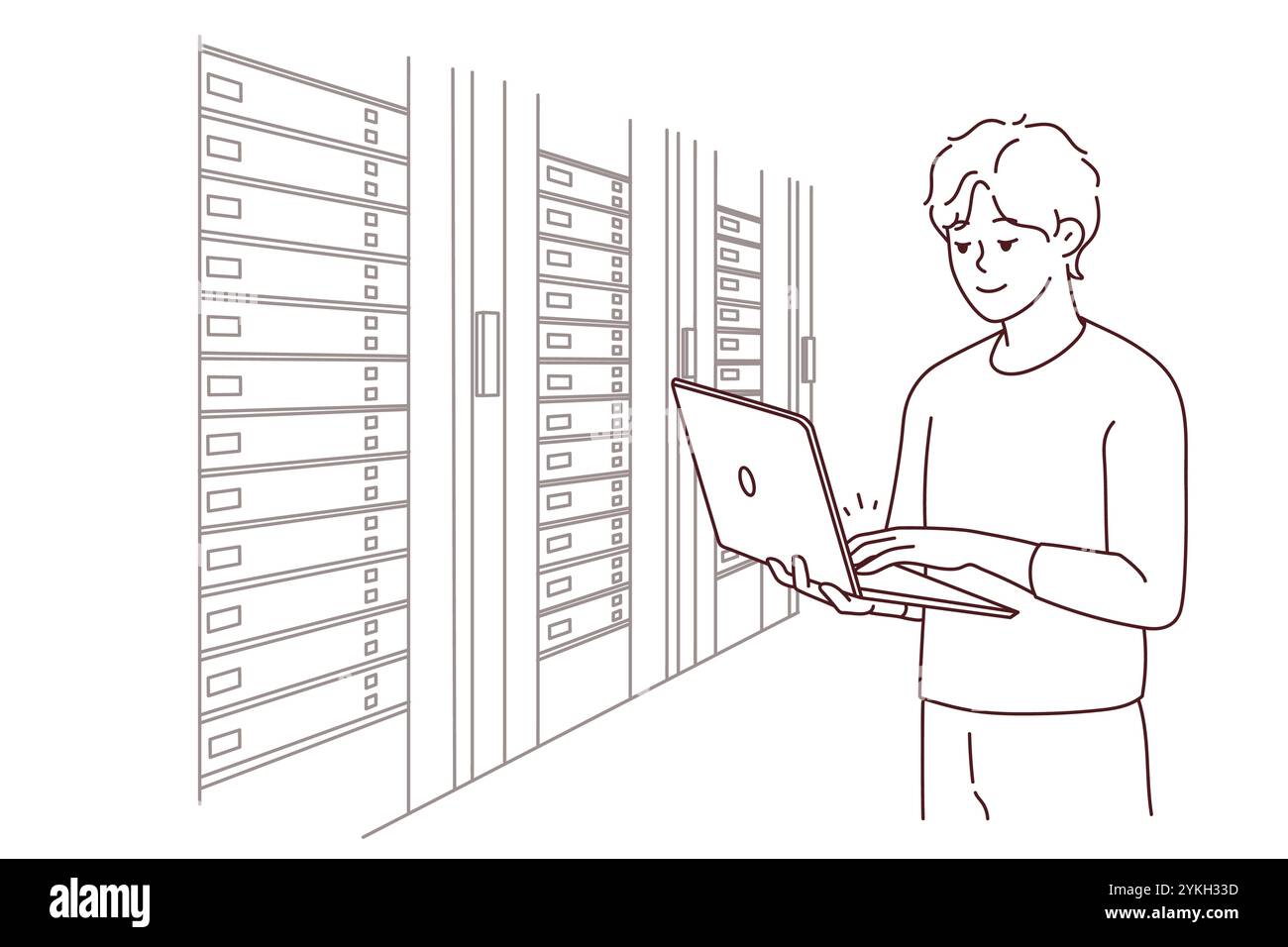 Male engineer with laptop standing near server room with computers. Man ...