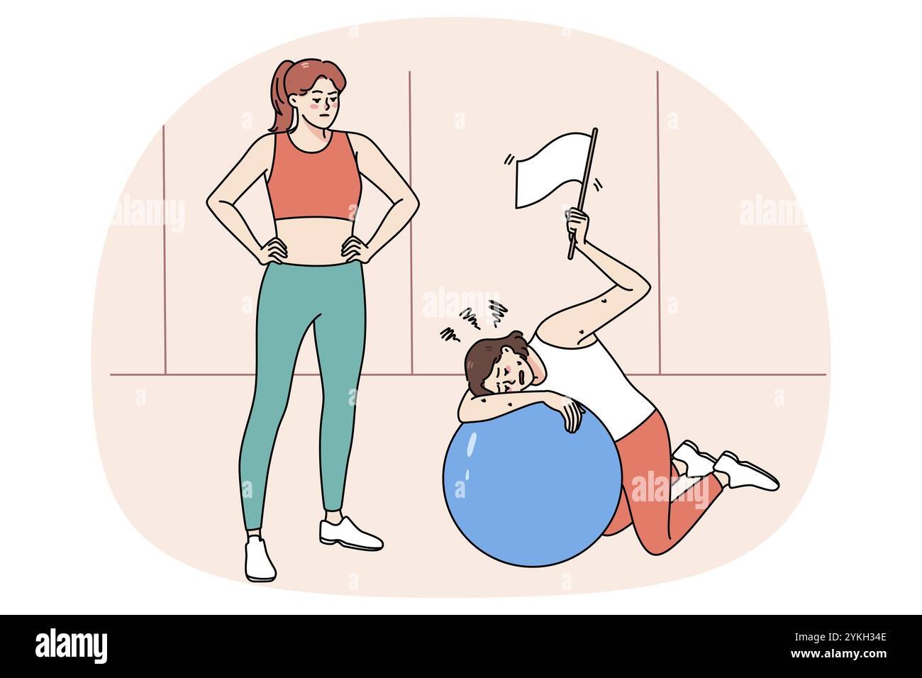 Tired woman rest lying on fitness ball after workout with personal ...