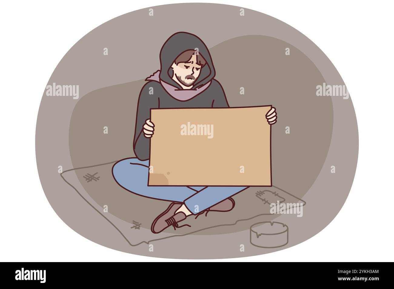 Poor man begging on street holding mockup board or paper. Unhappy male ...