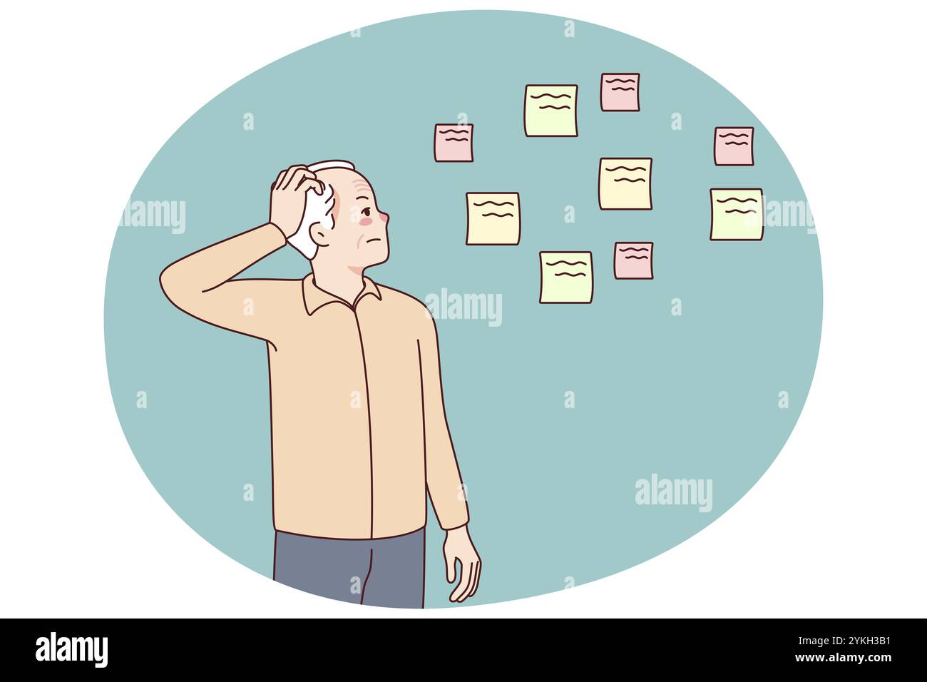 Elderly man making notes suffering from memory loss. Old grandfather ...