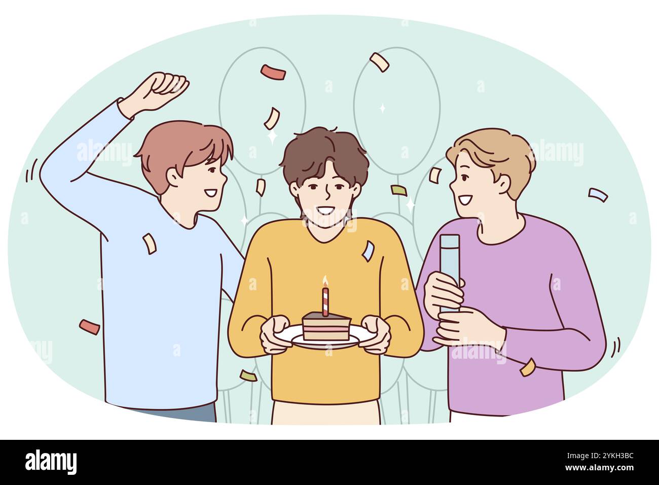Smiling guys greeting friend with cake and balloons. Happy people ...