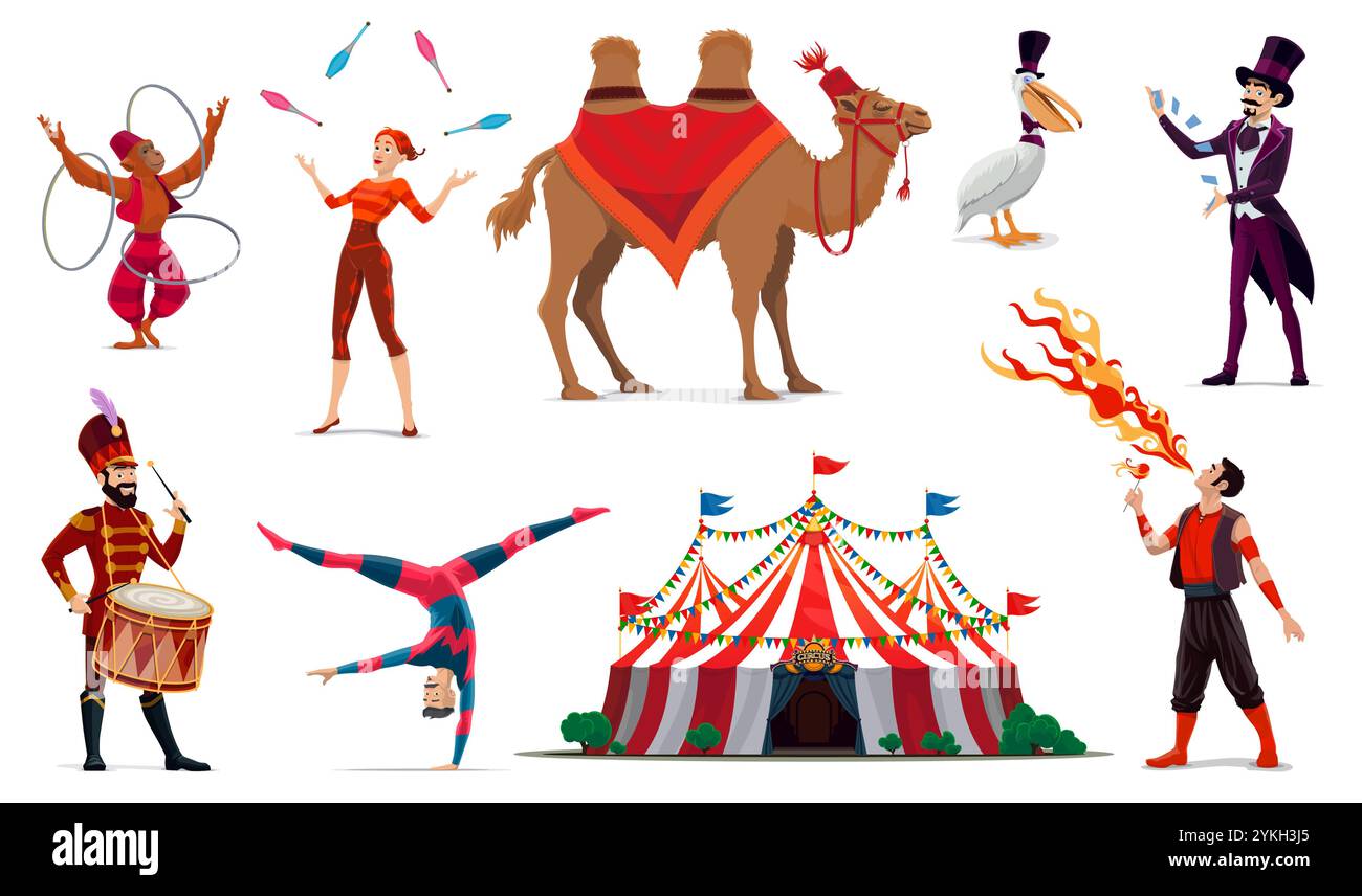 Cartoon circus characters of carnival artists, animals and top tent ...