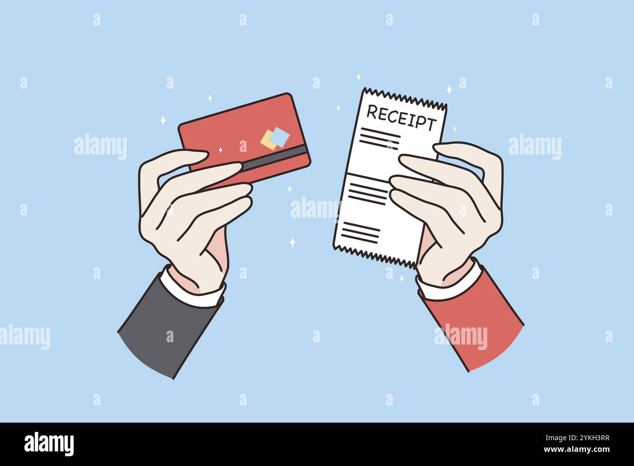 Man hold receipt and credit debit card make purchase in shop or store ...