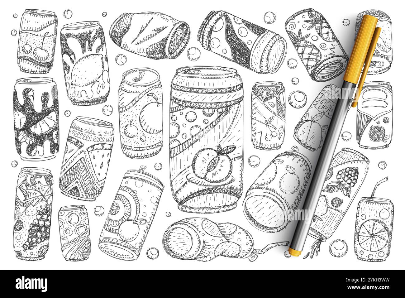 Jars with drinks doodle set. Collection of hand drawn fruit lemonade ...