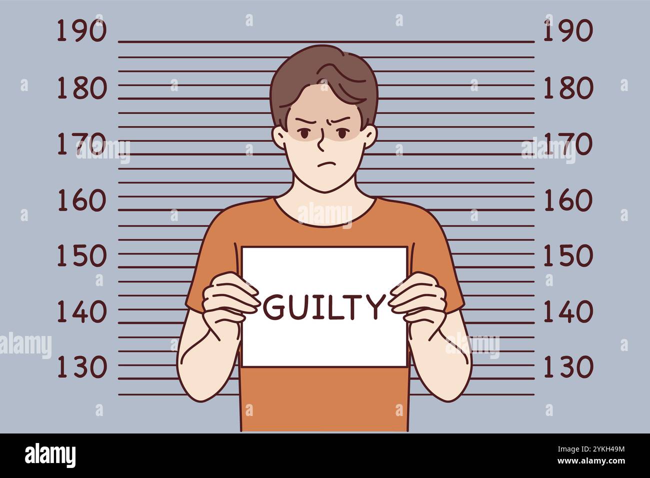 Man criminal with inscription guilty on sign stands near lines for ...