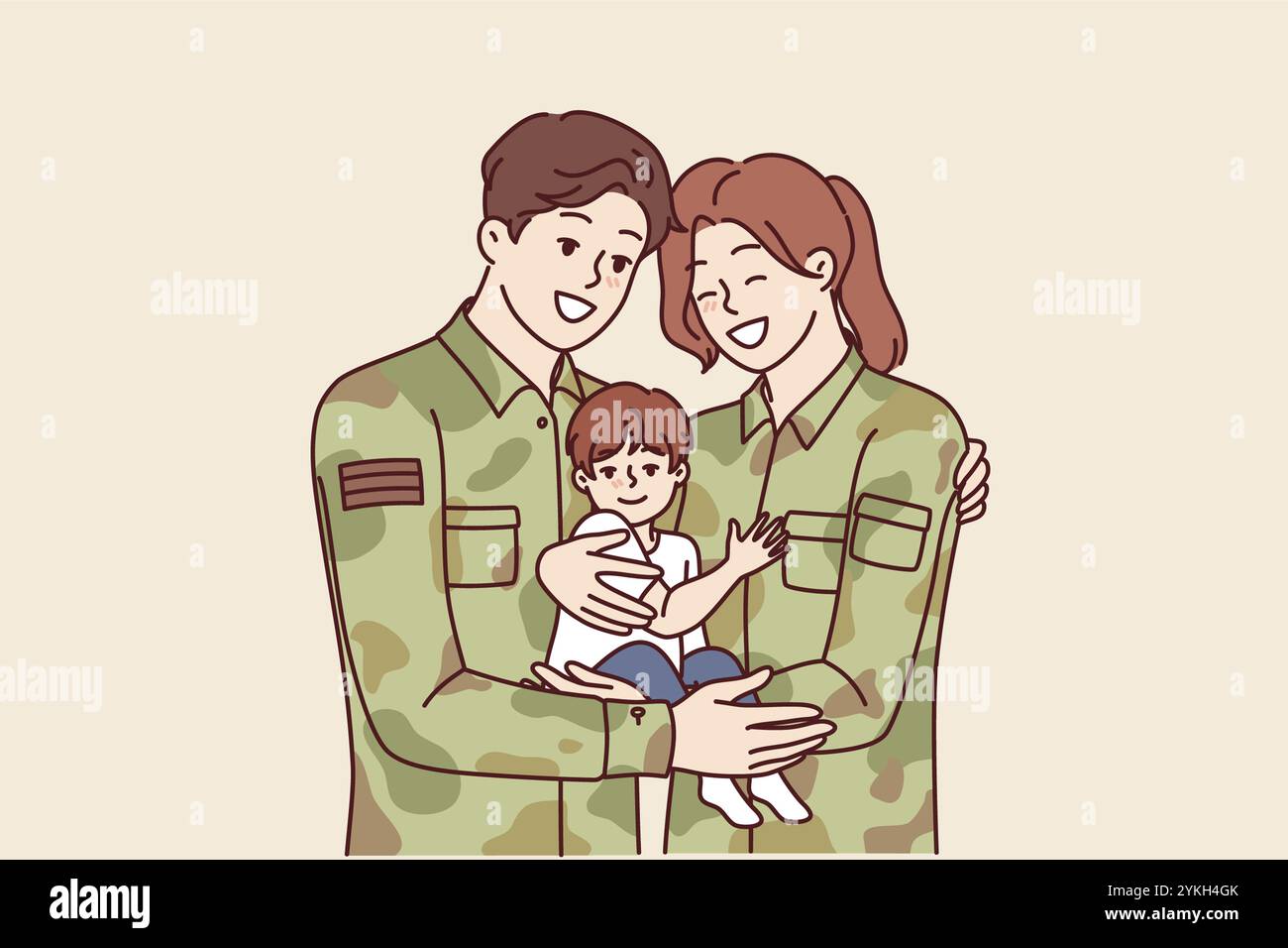 Man and woman in soldiers uniform are hugging holding little son in ...