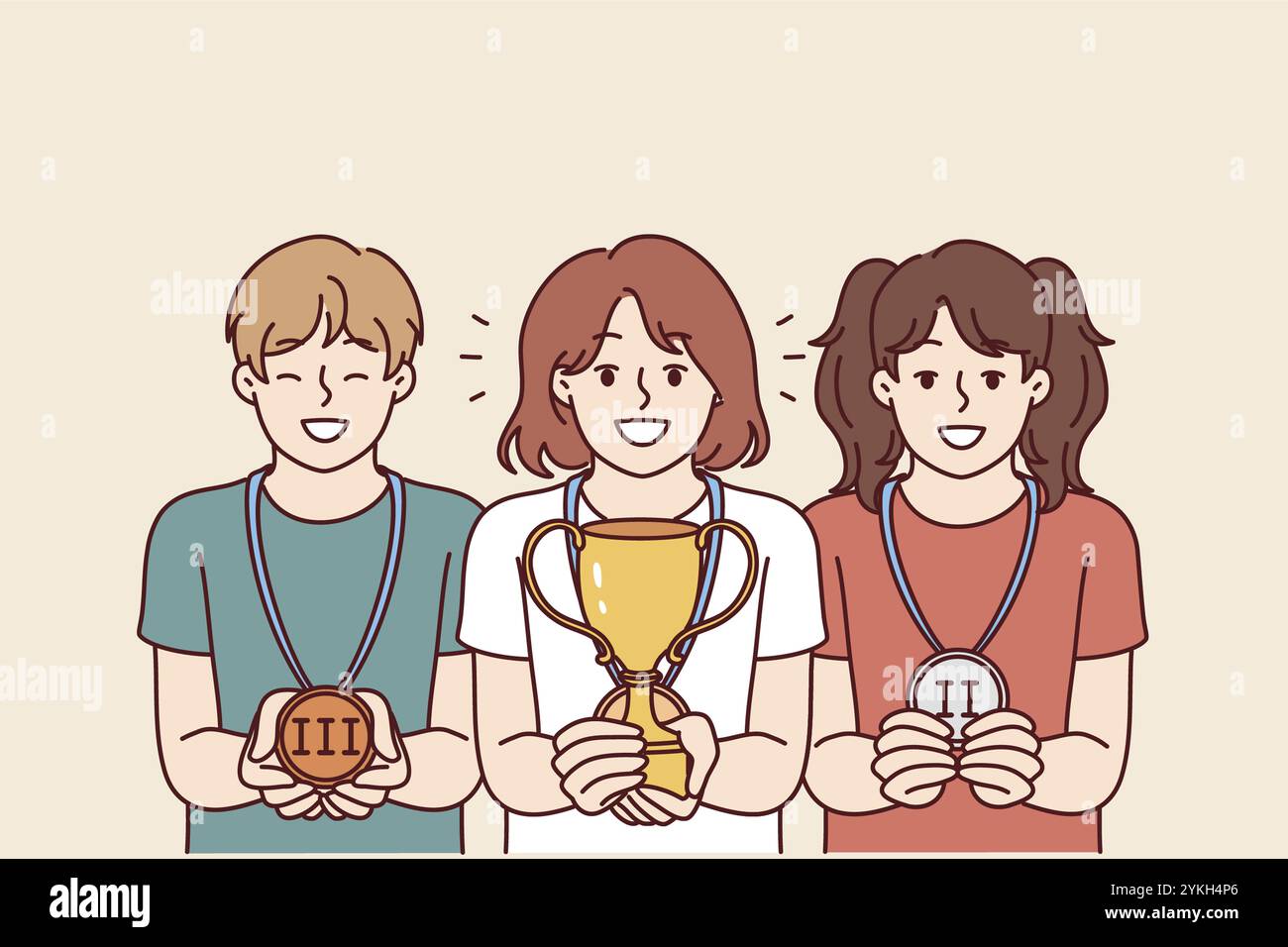 Children with trophies for winning school olympiads or competitions ...