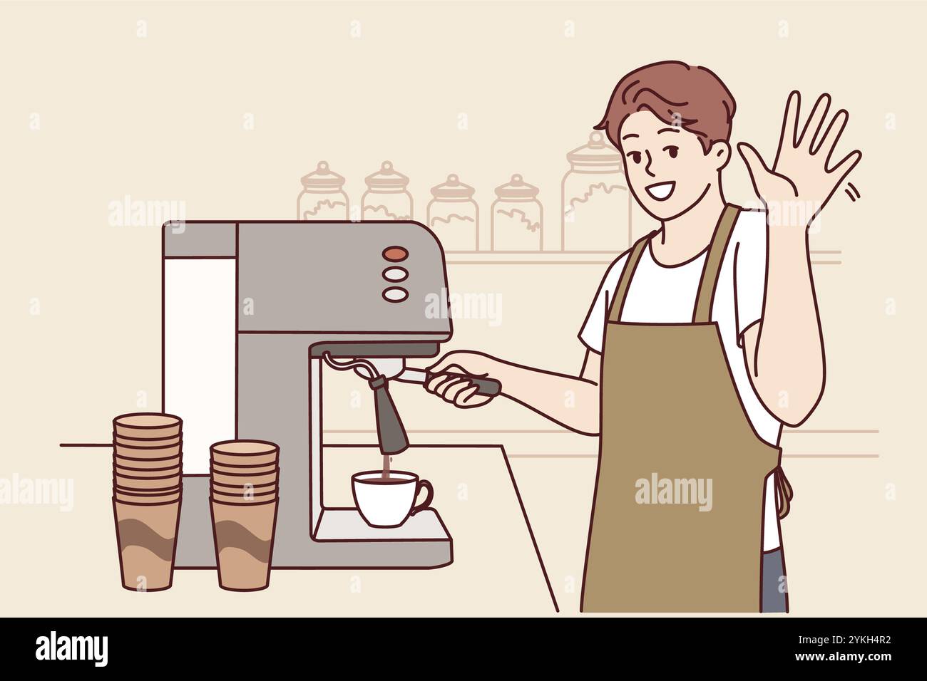 Man barista waves hand and prepares delicious cappuccino for coffeeshop ...