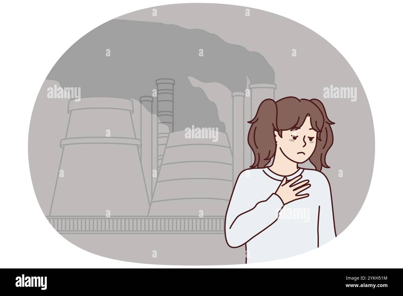 Teenage girl is sad standing near industrial pipes emitting smoke that ...