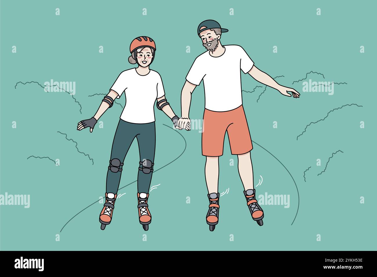 Happy mature couple have fun on roller blades on weekend in park ...