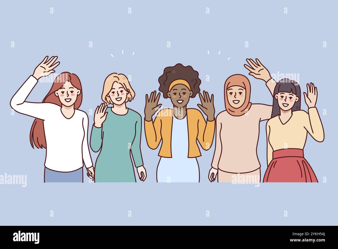 Happy diverse women waving hands showing international friendship and ...