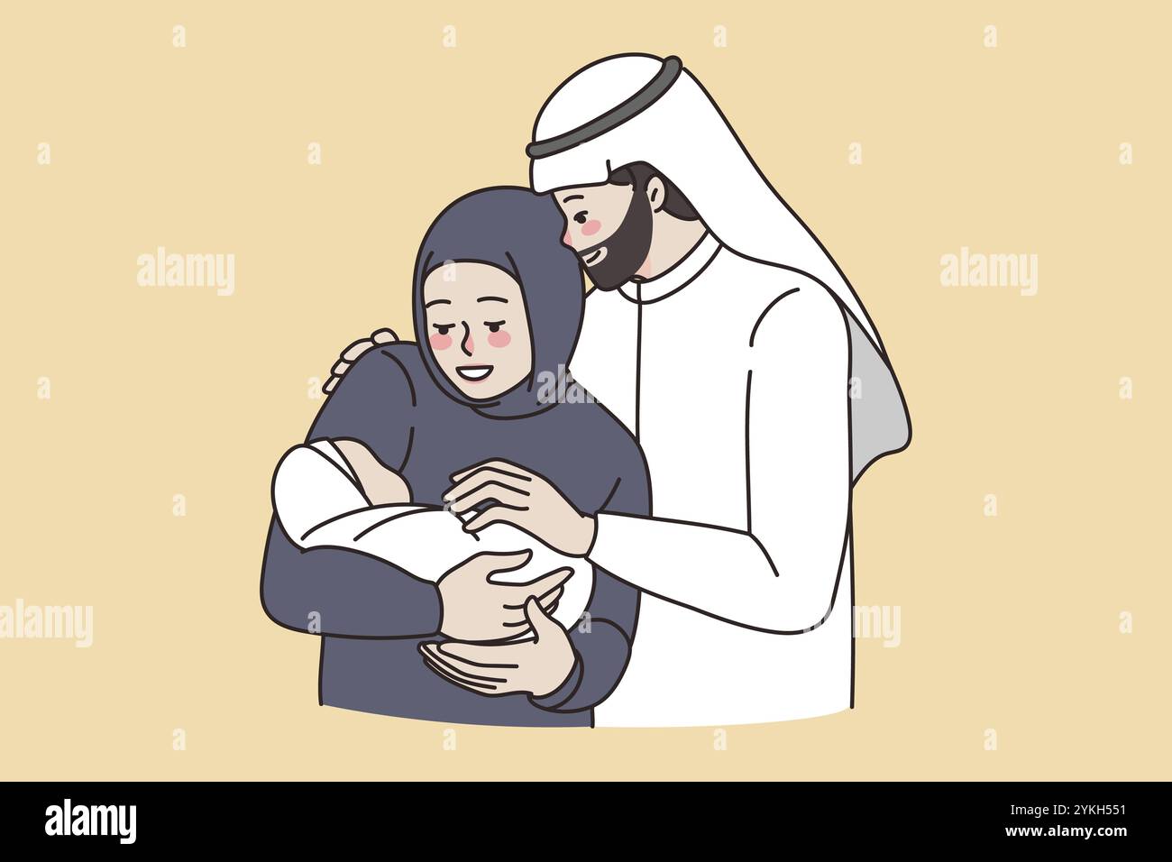 Happy Arabian family meet newborn baby. Smiling Muslim father and ...