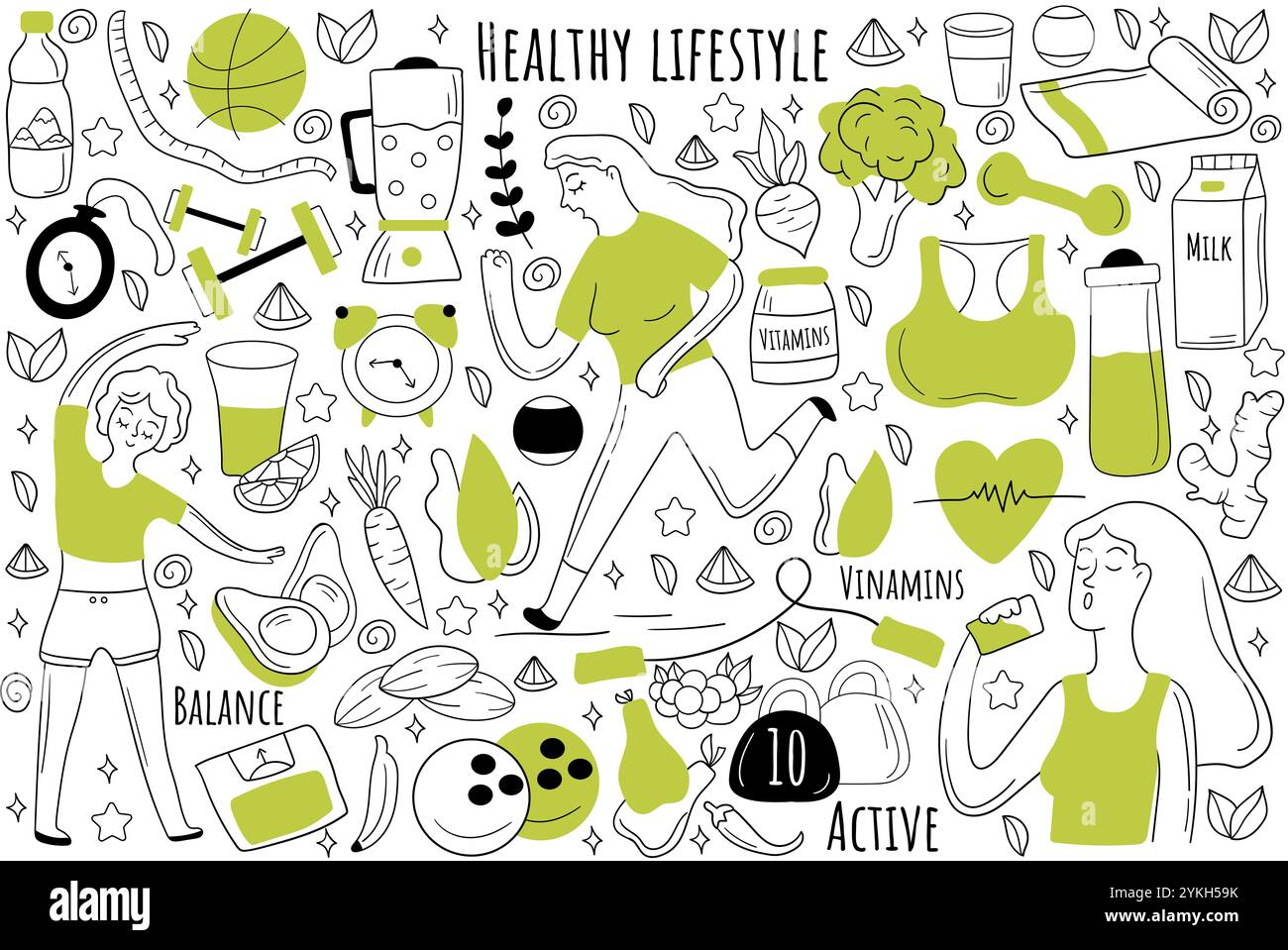 Healthy lifestyle doodle set. Collection of hand drawn sketches ...