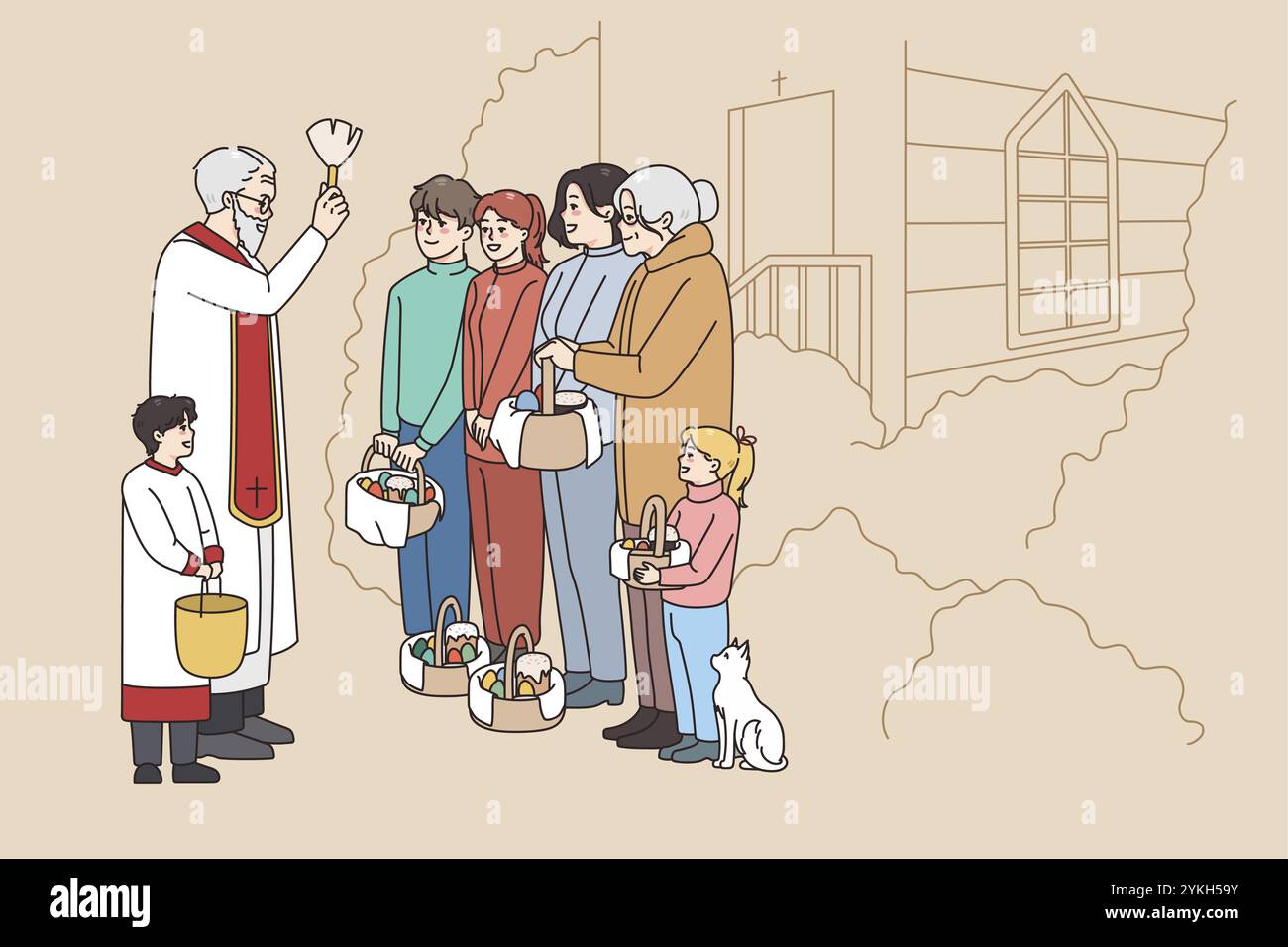 Priest holding aspersorium with holy water blessing people at church ...