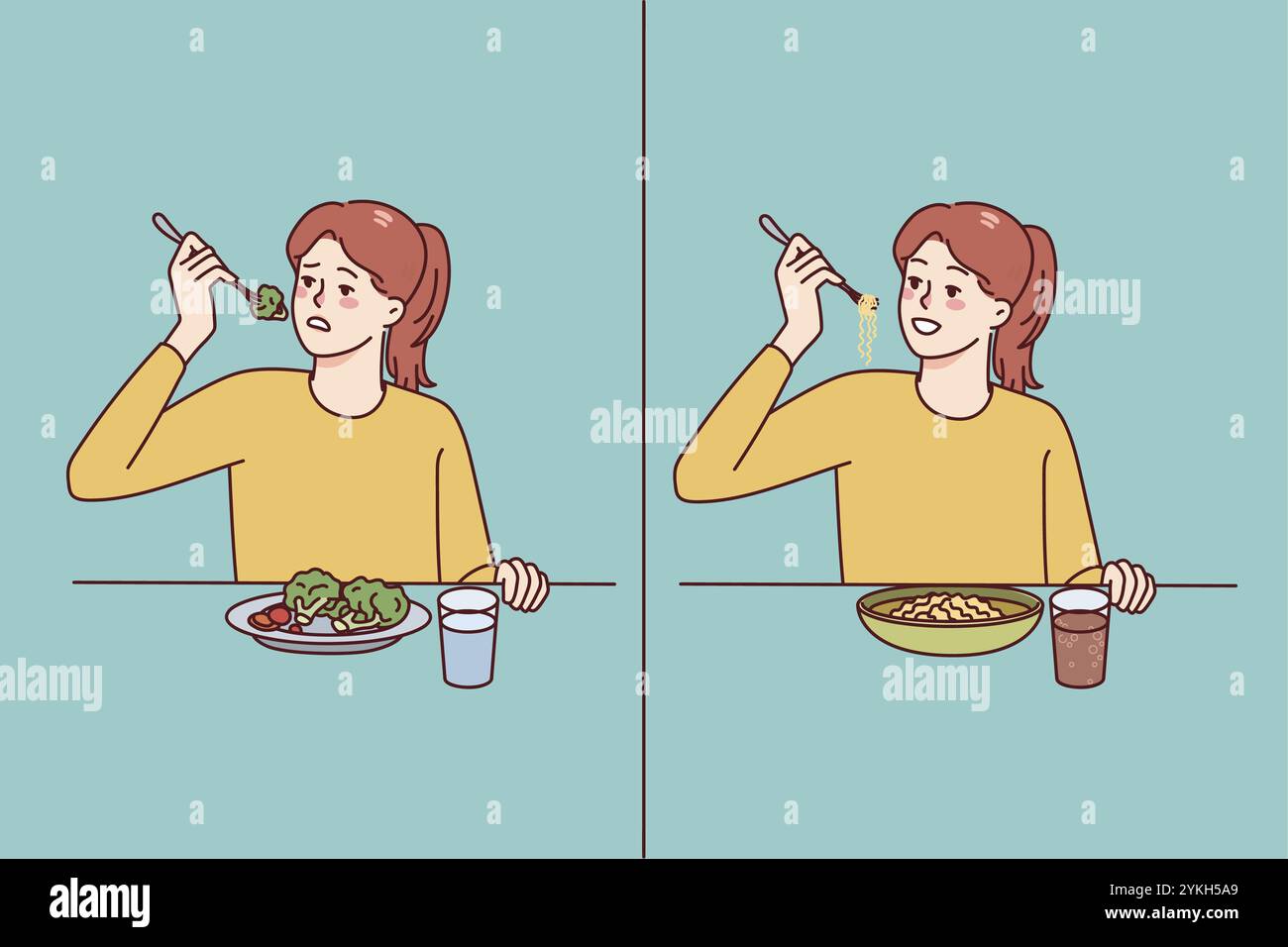 Girl eating healthy and unhealthy food. Child emotions with nutritional ...