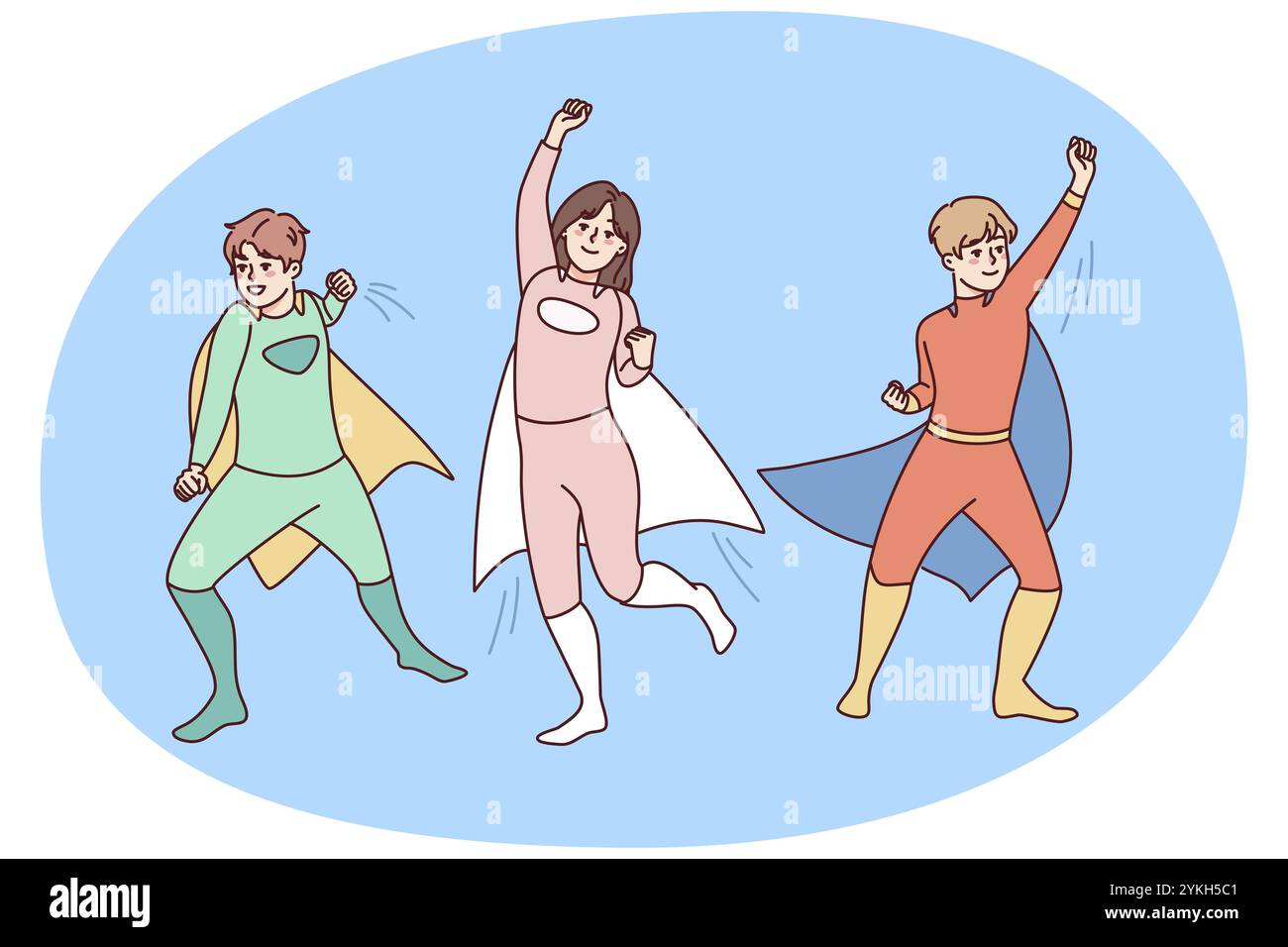 Happy children in superheroes costumer playing together outside ...