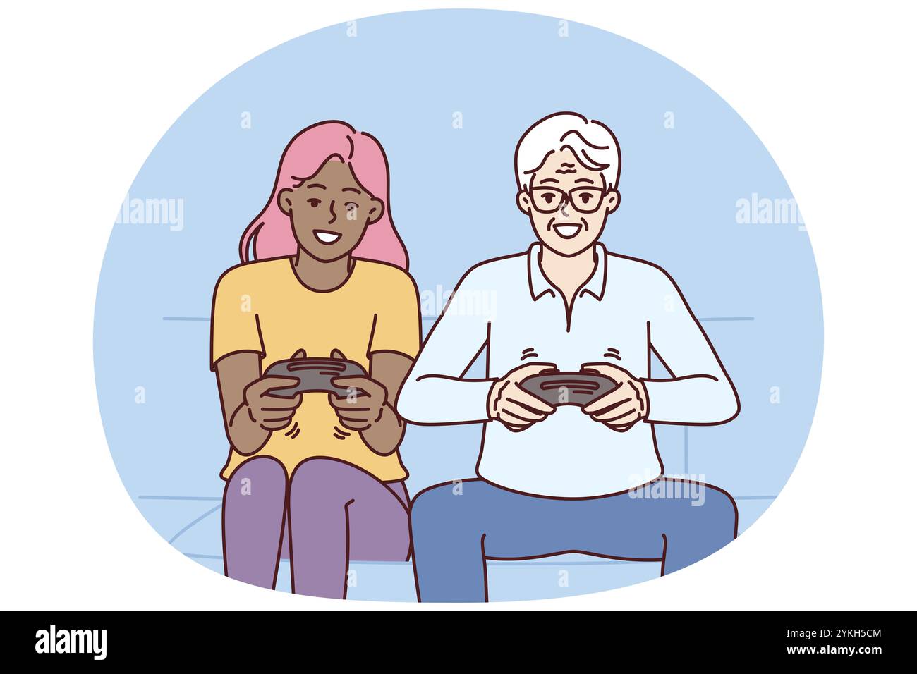 Diverse man and woman with joysticks are sitting on sofa playing game ...