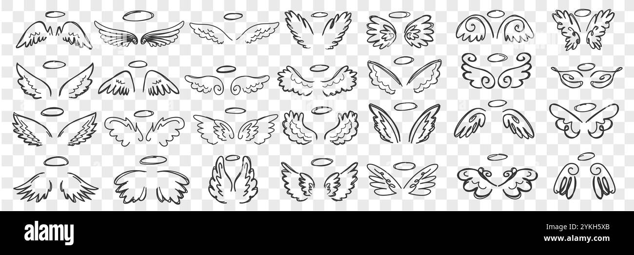 Angels wings and halo doodle set. Collection of hand drawn wings and ...