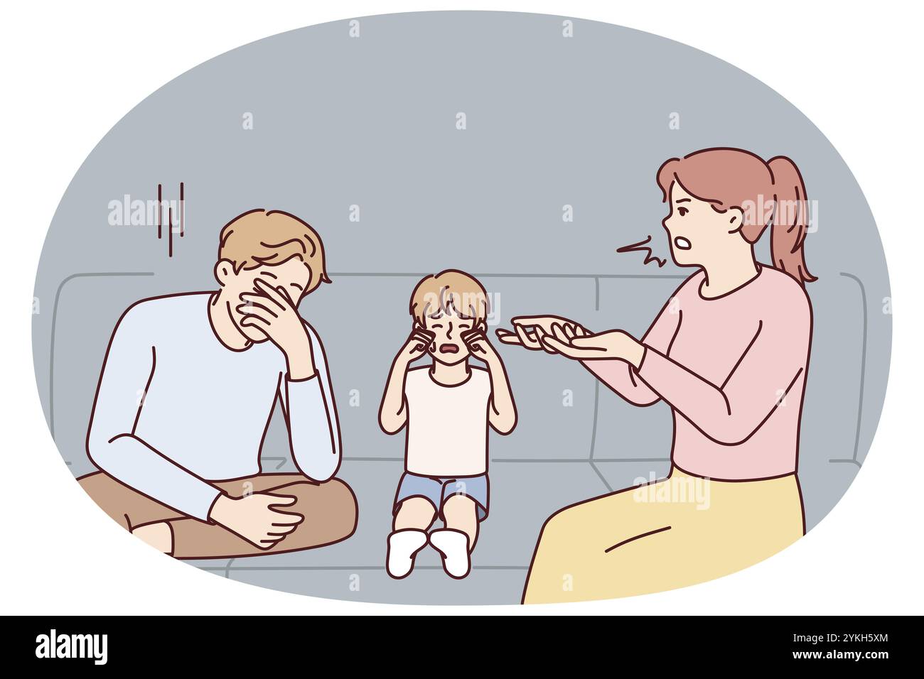 Unhappy kid crying because of parents arguing and fighting. Upset ...