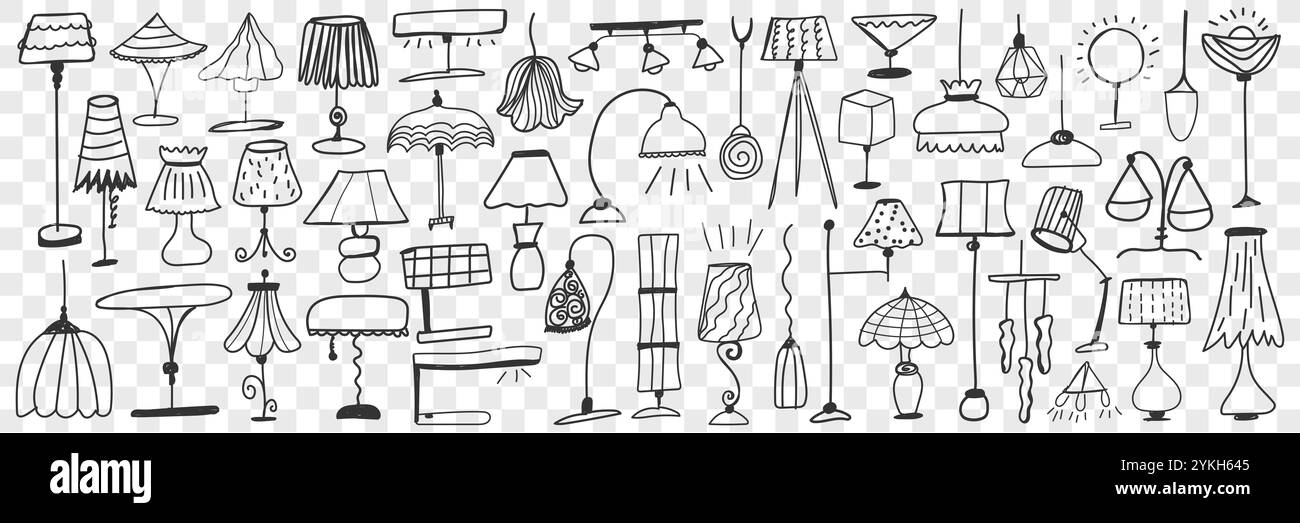 Lamps and floor lamps doodle set. Collection of hand drawn cute elegant ...