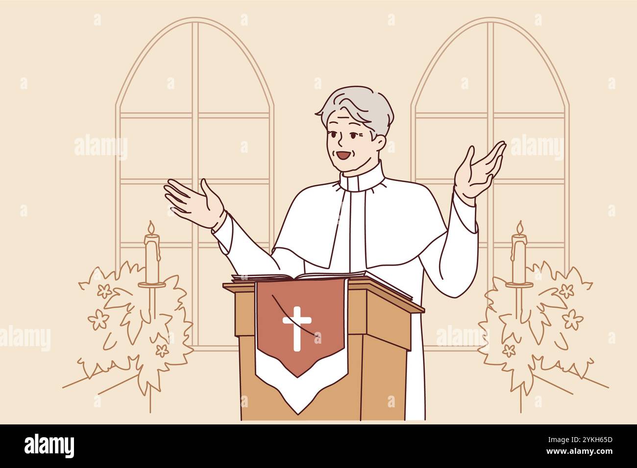 Man priest with smile leads sermon in catholic church, standing behind ...