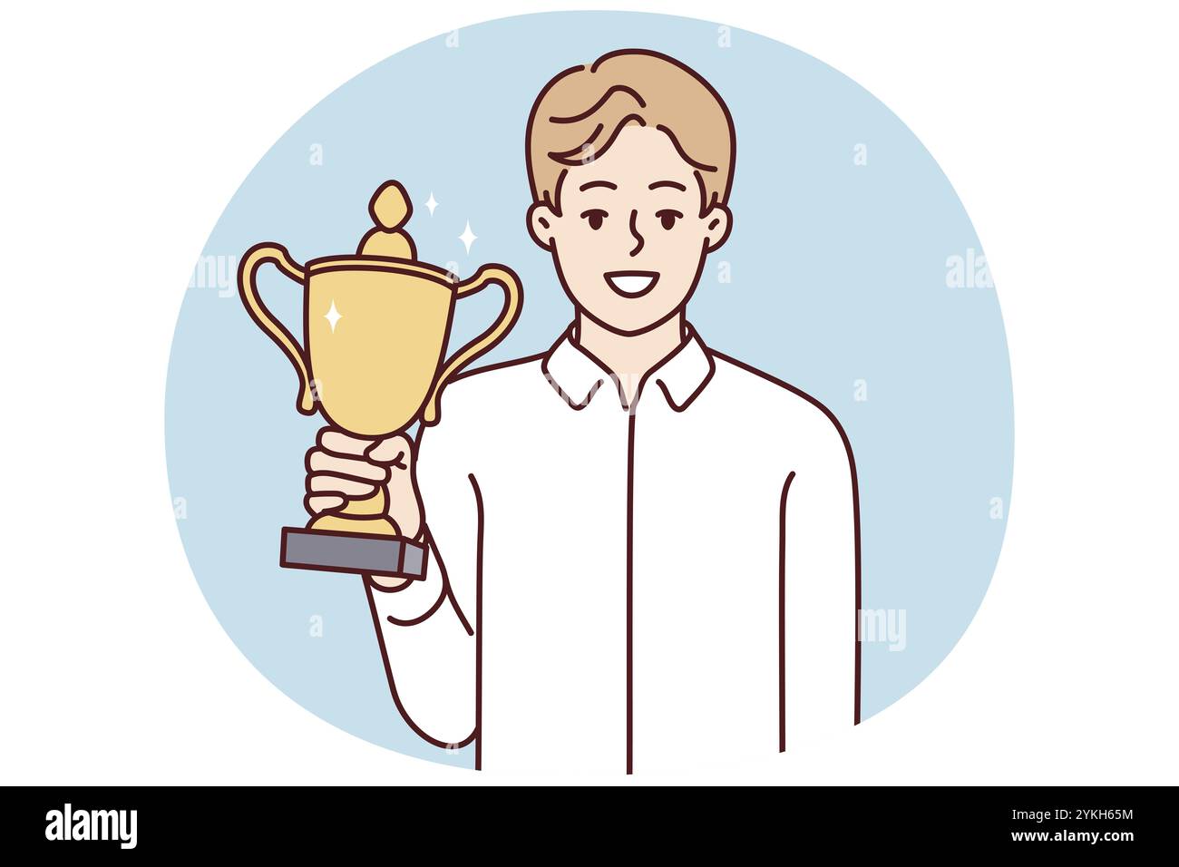 Smiling businessman holding gold trophy in hands celebrate win or ...