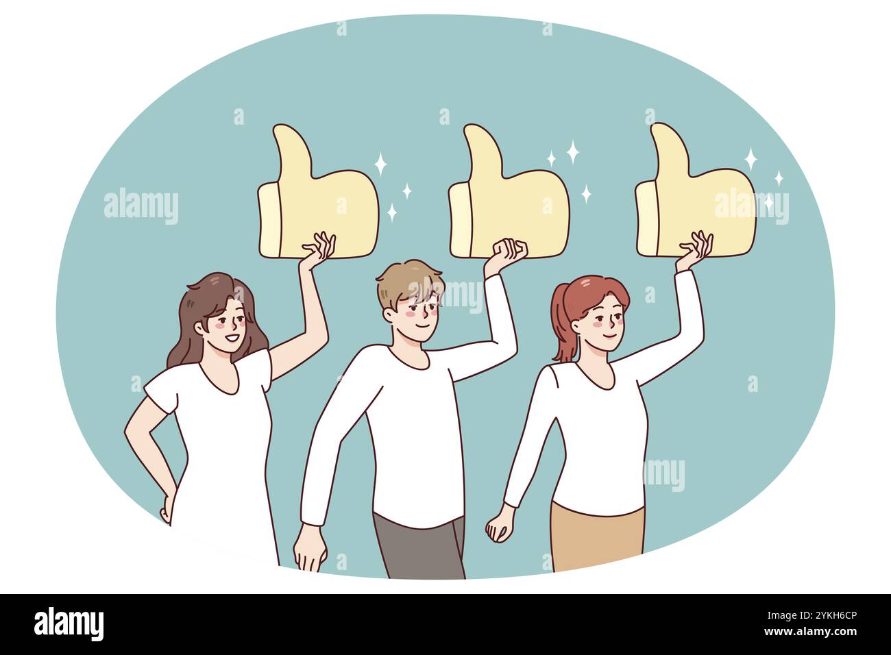 Diverse people holding huge like signs, giving good review to service ...