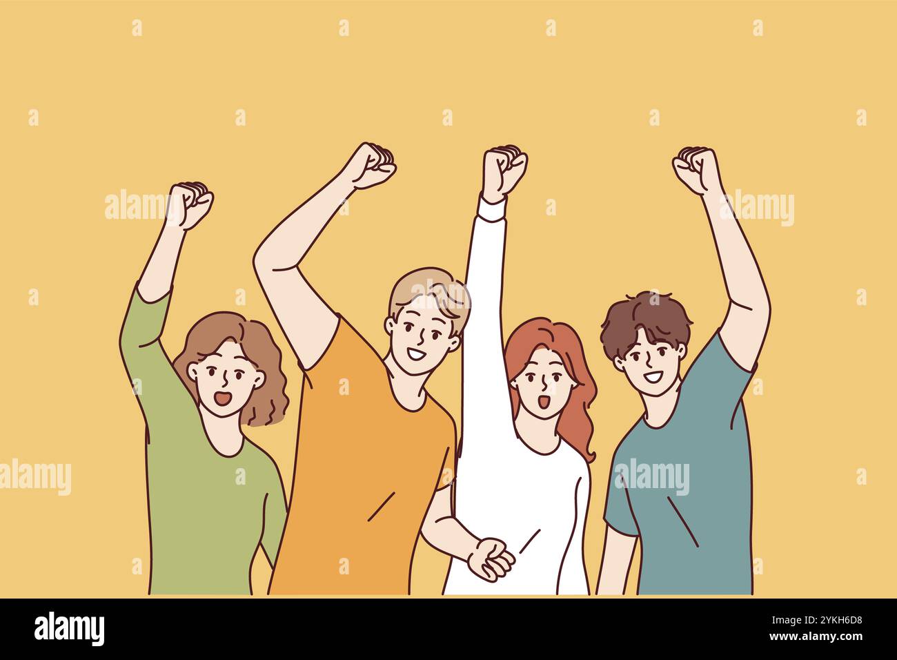 Community of joyful people celebrates victory by raising hands and ...