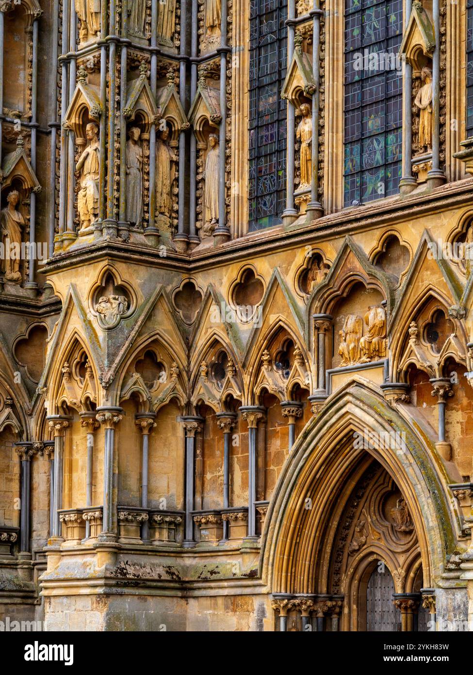 Detail of the carved stone exterior of Wells Cathedral in Somerset ...