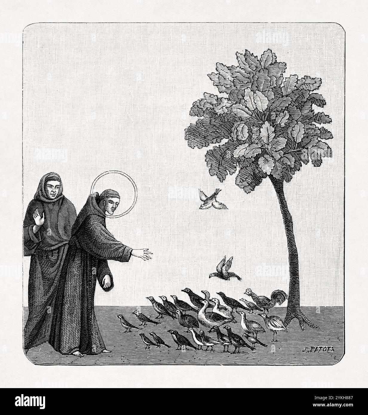 Engraving by J. Petot depicting Saint Francis of Assisi preaching to ...
