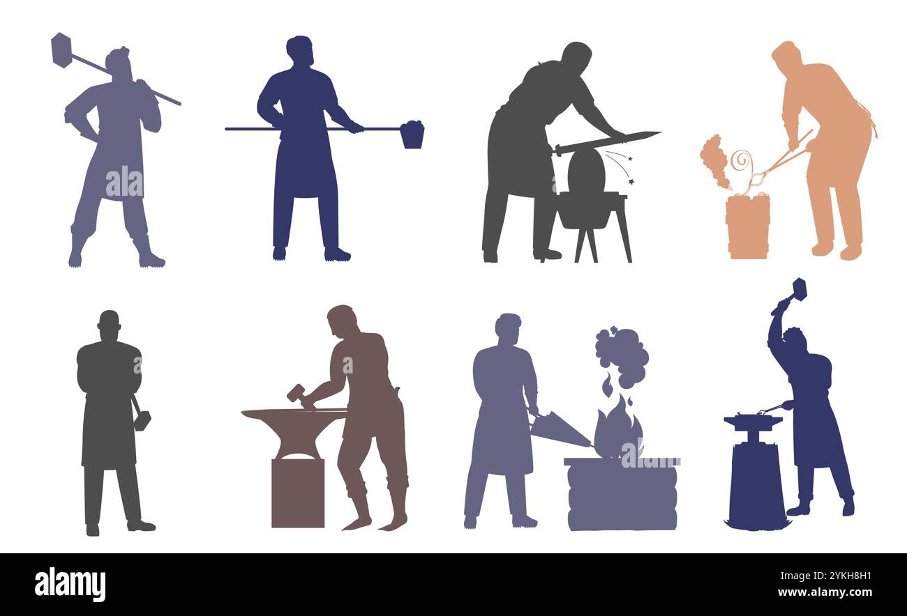 Blacksmith characters at work colorful silhouette set Stock Vector ...