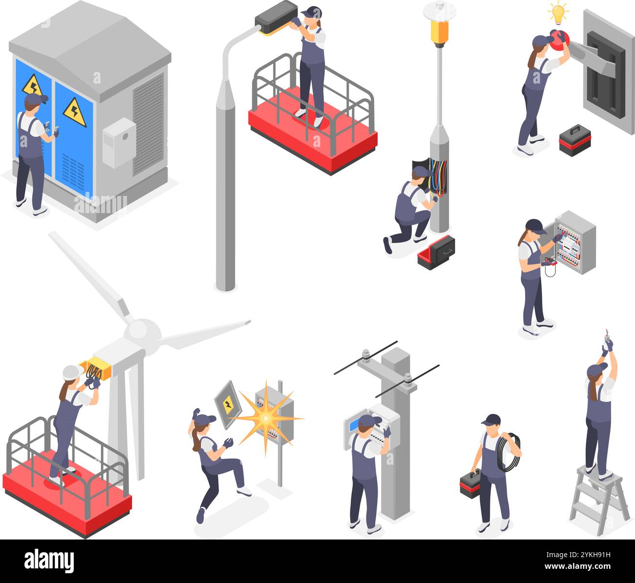 Isometric electricity workers. Male female electrical in uniform ...